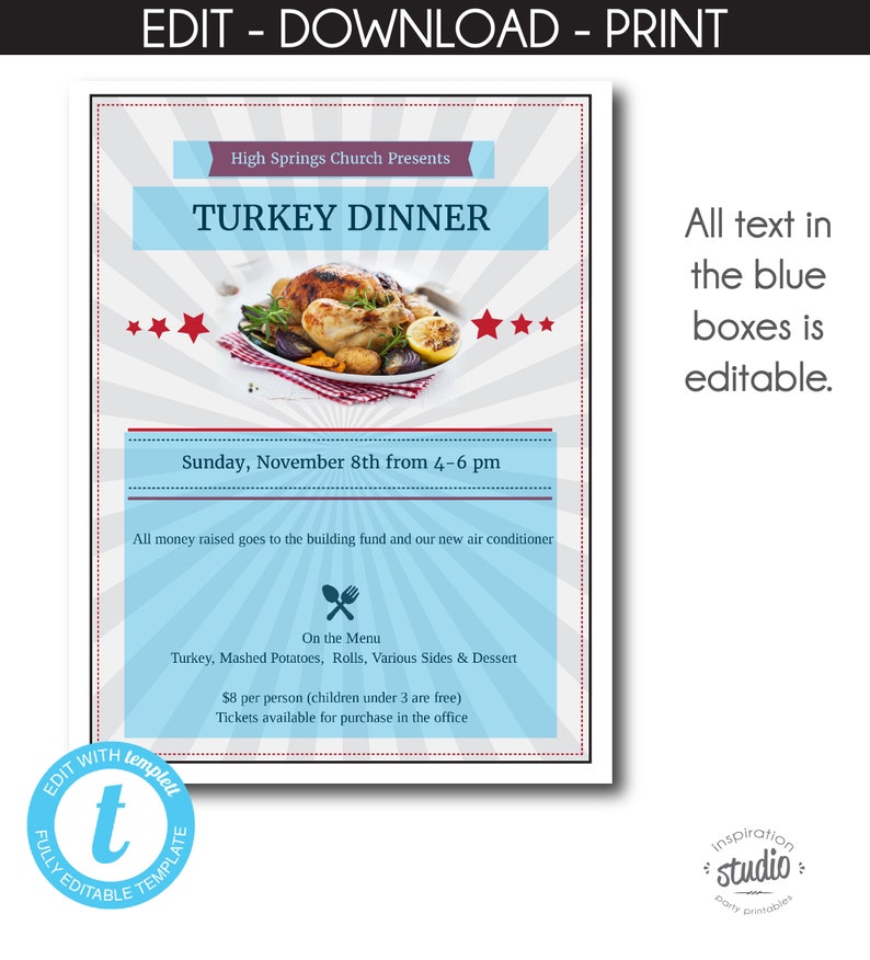 Turkey Dinner Fundraiser Flyer Template Turkey Night PTA - Etsy