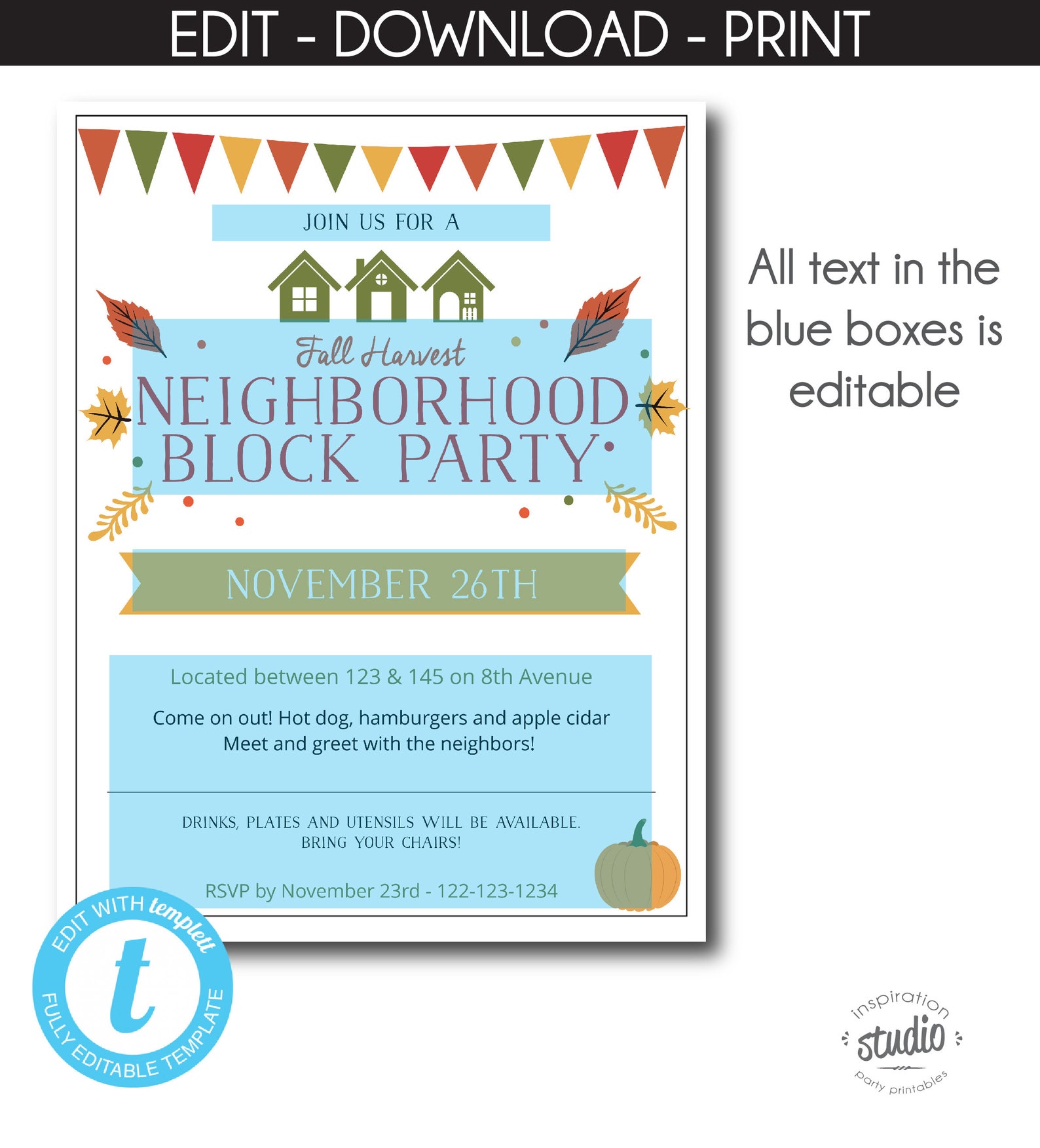 Fall Neighborhood Block Party Flyer Template Fall Backyard - Etsy
