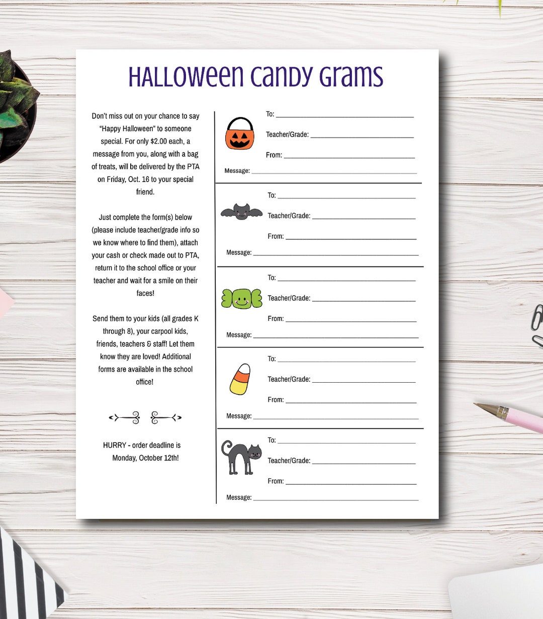 Halloween Candy Gram Flyer Template | School Fundraiser Flyer | Easy to ...