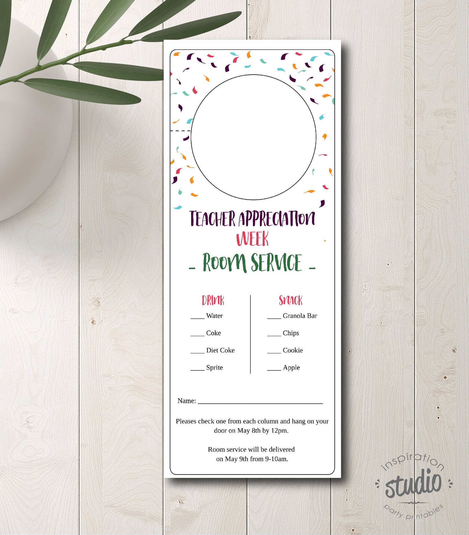 Teacher Appreciation Week Room Service Door Hanger Template | Door ...