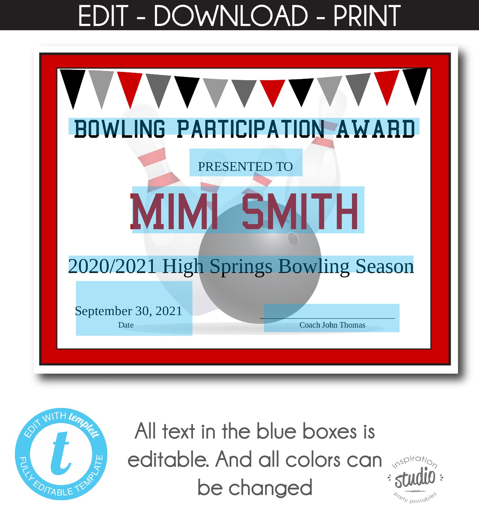 Editable End of Season Bowling Award Certificates Custom Printable ...