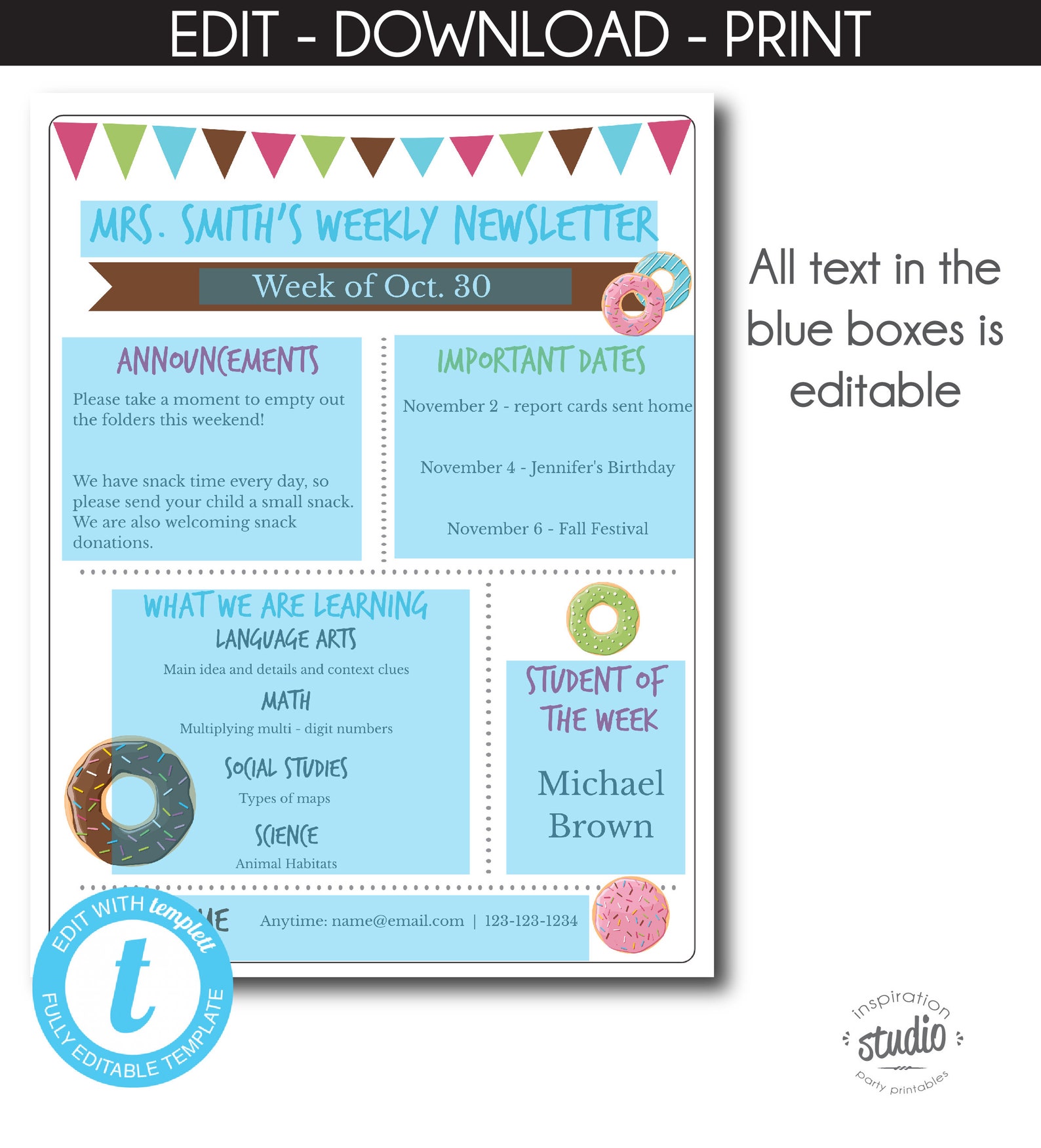 Editable Weekly Donut Teacher Newsletter Template Notes to - Etsy