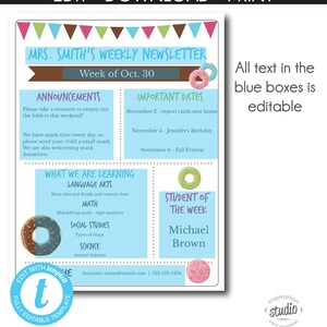 Editable Weekly Donut Teacher Newsletter Template Notes to Parents ...