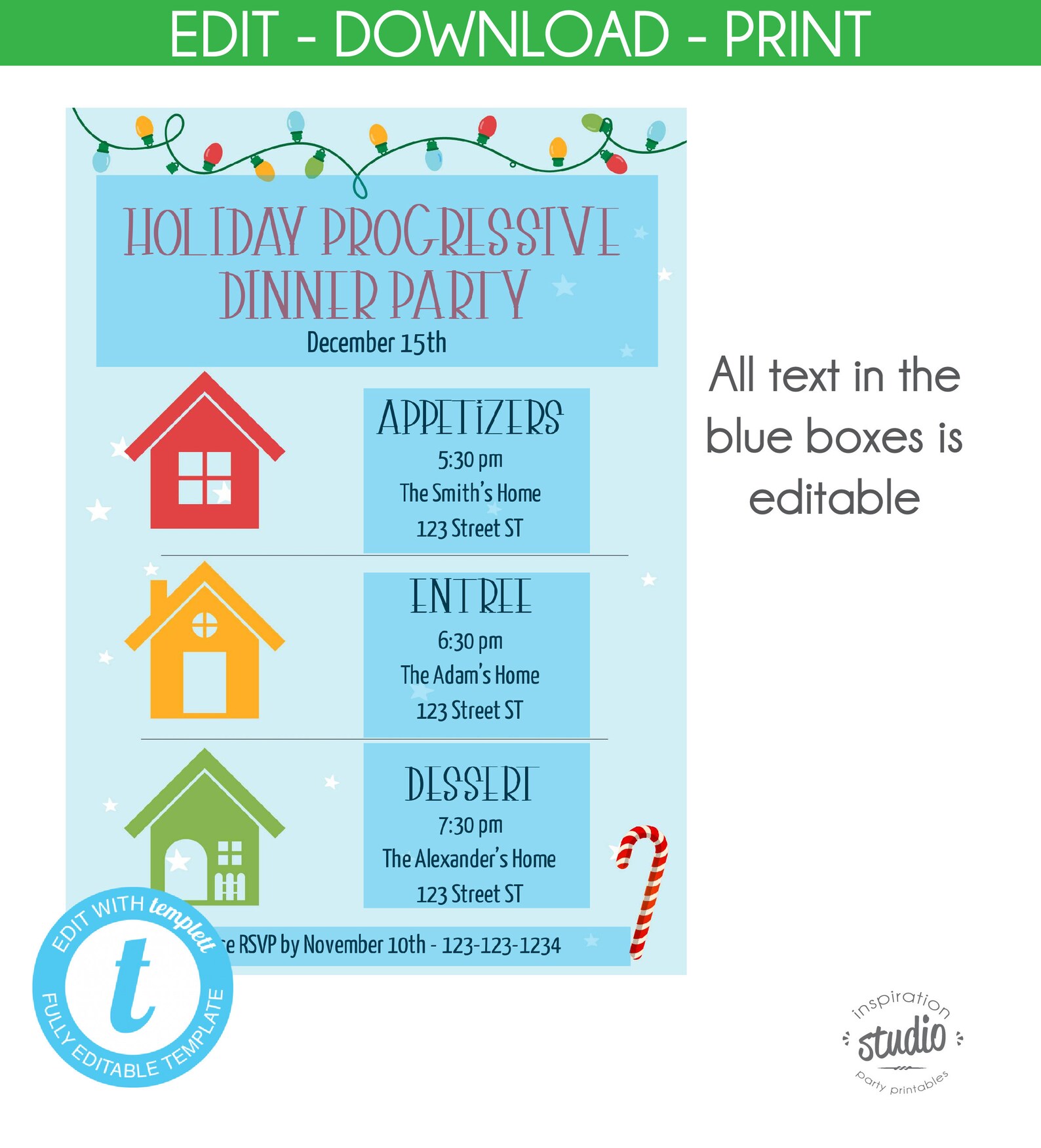 Holiday Progressive Dinner Party Invite Template, Christmas Potluck ...
