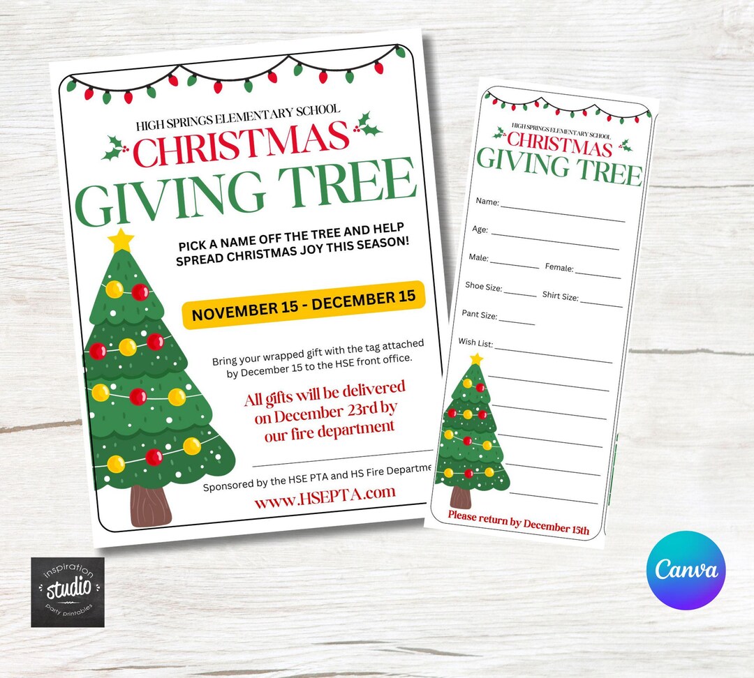Christmas Giving Tree Flyer and Tags Canva Template | Toy Drive Flyer ...