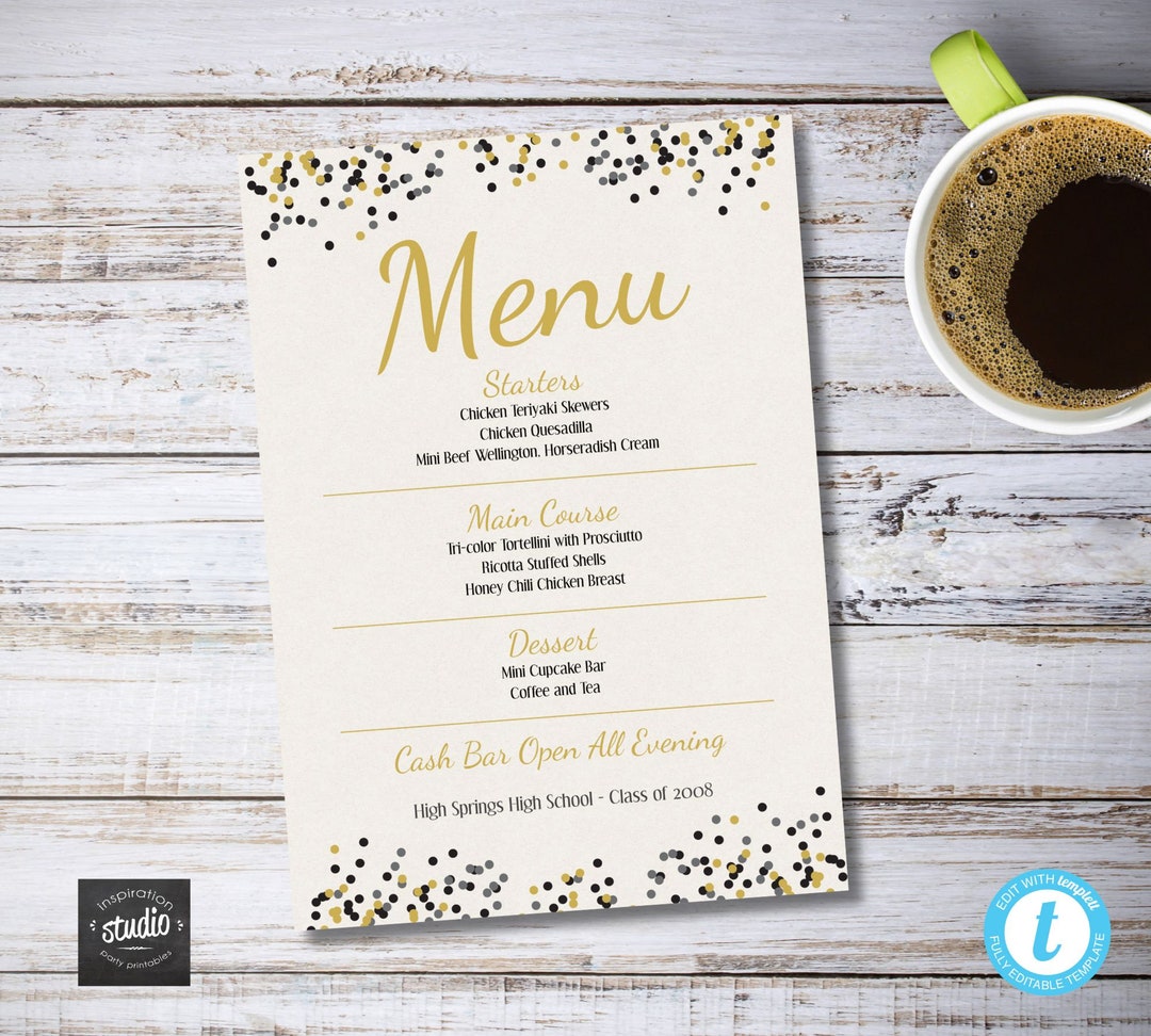 Elegant High School Reunion Menu Card Template - Instant Download 5"x7 ...