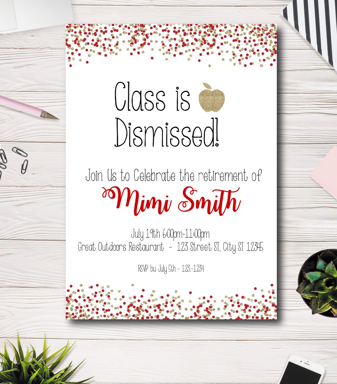 Teacher Retirement Invitation and Thank You Note Template | Class is ...