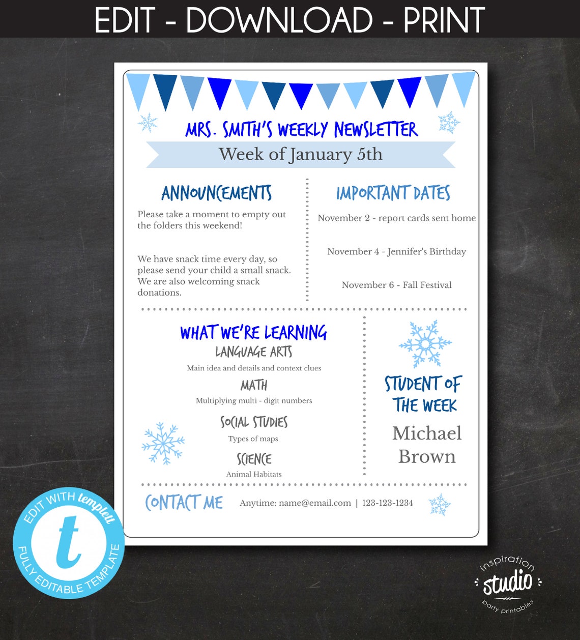 Winter Snow Weekly Teacher Newsletter Template Notes to - Etsy