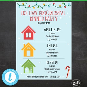 Holiday Progressive Dinner Party Invite Template, Christmas Potluck ...