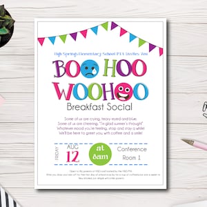 Boohoo, Woohoo School Flyer Template, First Day of School Breakfast ...