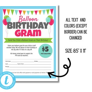 Editable Birthday Balloon Gram Flyer School, PTA, PTO Fundraiser Flyer ...