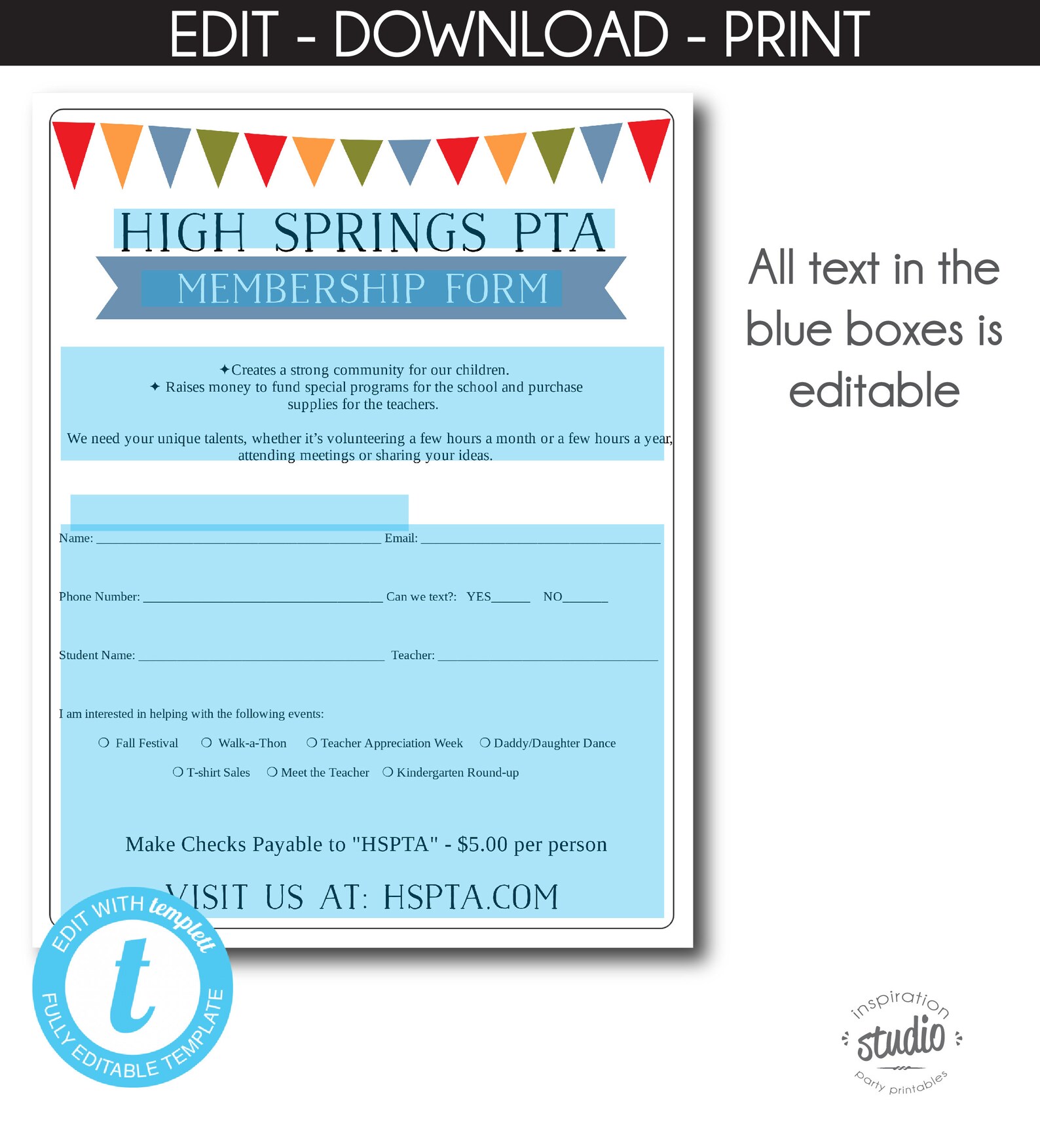 Membership Form PTA PTSA PTO Printable Template Pta - Etsy