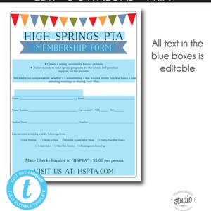 Membership Form PTA, PTSA, PTO Printable Template | Pta Volunteer ...
