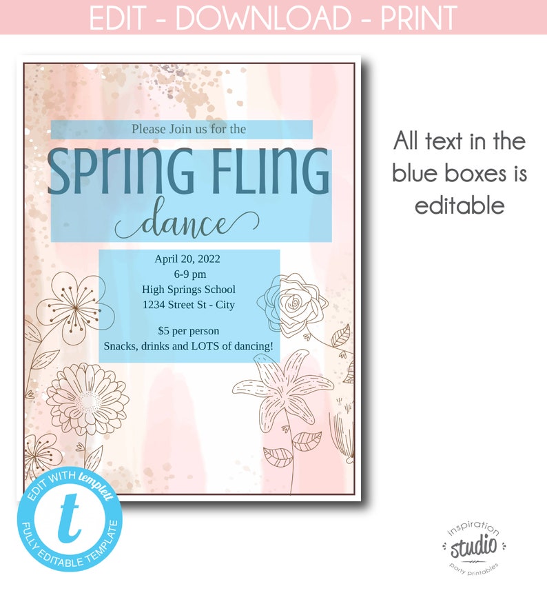 Spring Fling Dance Flyer and Ticket Template, School Dance, Community ...