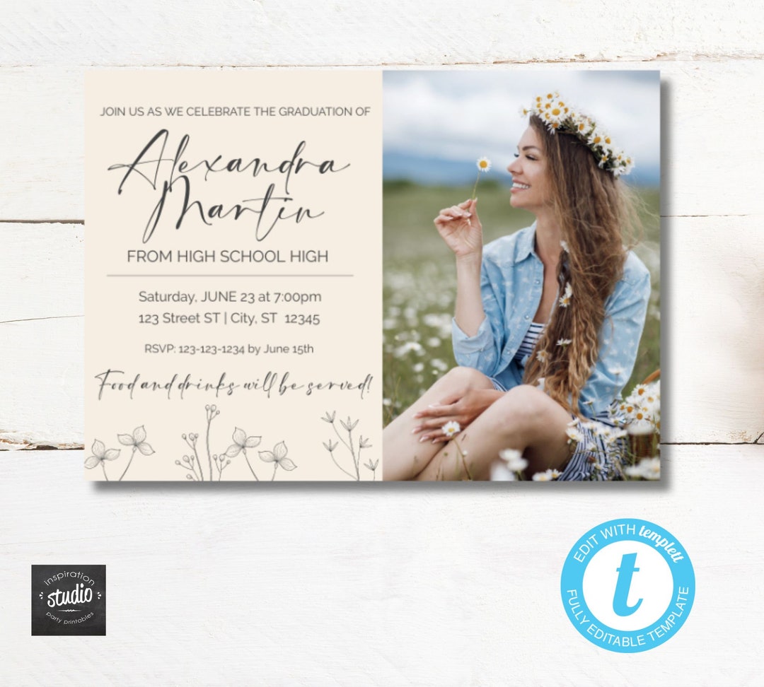 Wildflower Graduation Party Invitation Template Graduation Photo Invite ...