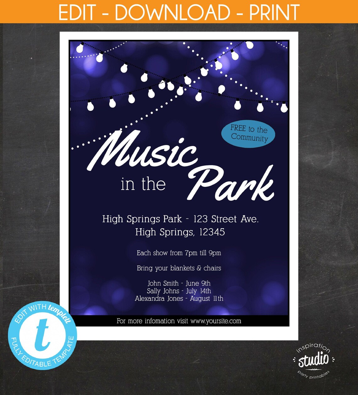 Concert Flyer and Poster Template, Music in the Park, Summer Music ...