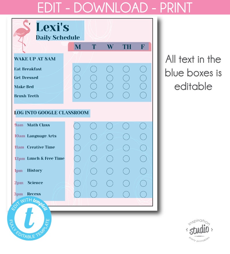 Kids Flamingo Daily School Schedule Template Distant Learning | Etsy