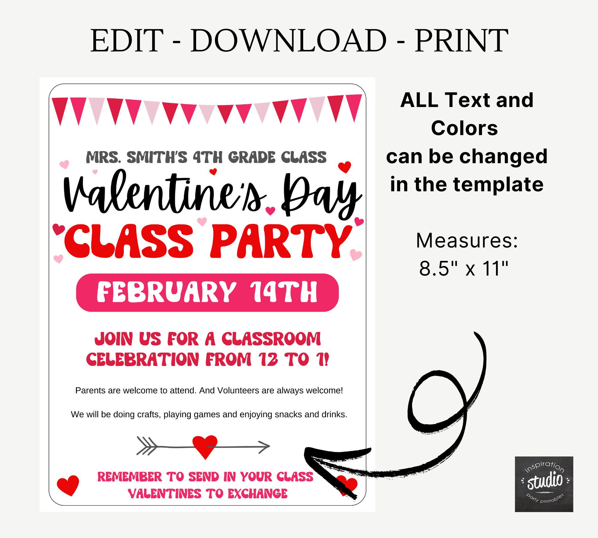 Printable Valentine's Day Class Party Flyer | Customizable Canva ...
