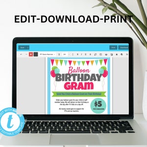 Editable Birthday Balloon Gram Flyer School, PTA, PTO Fundraiser Flyer ...