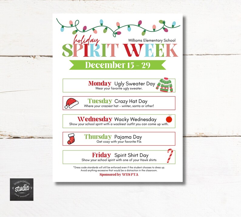 Christmas Spirit Week Flyer Template | School Holiday Theme Week ...