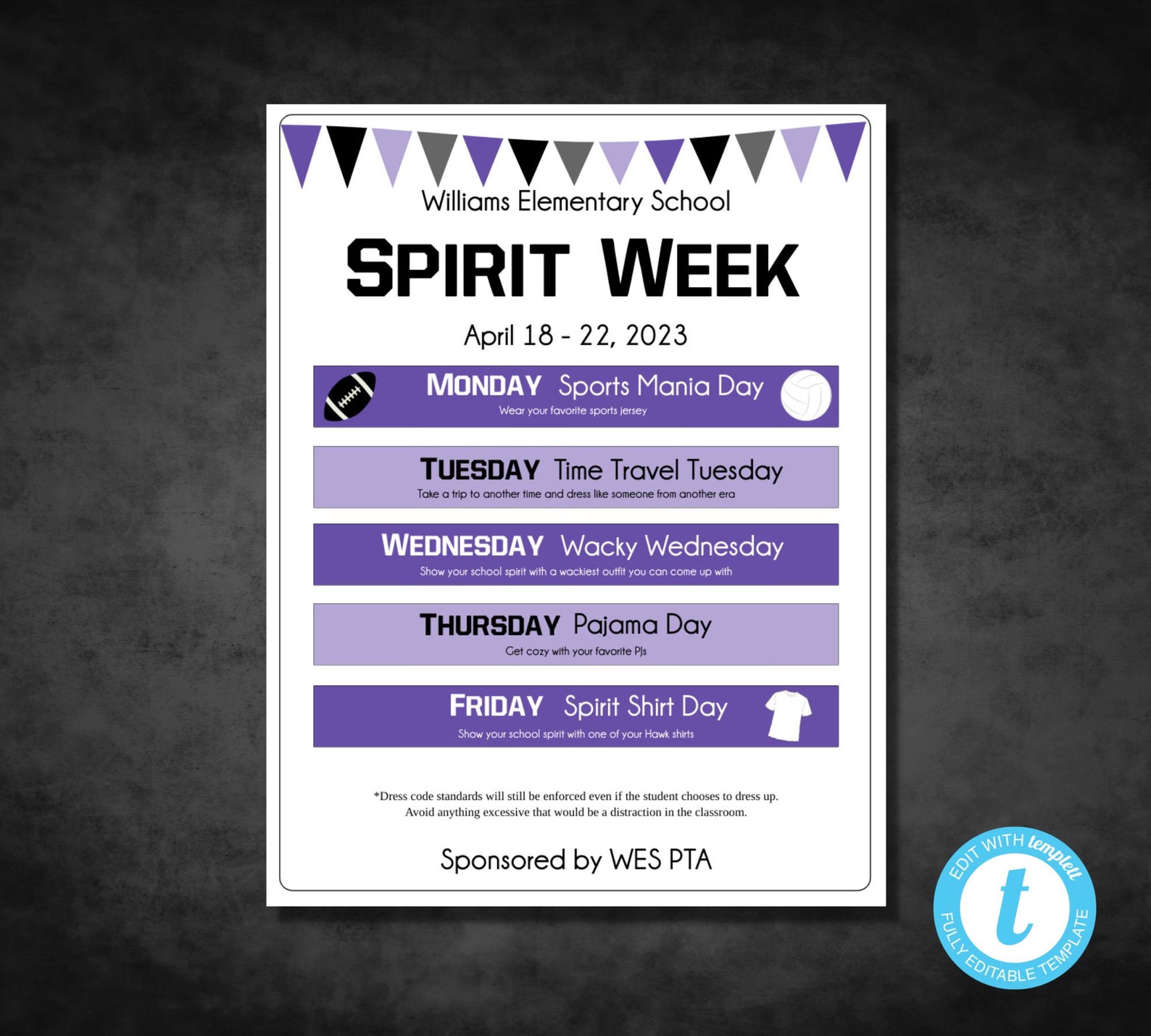 School Spirit Week Flyer Template School Spirit Week - Etsy