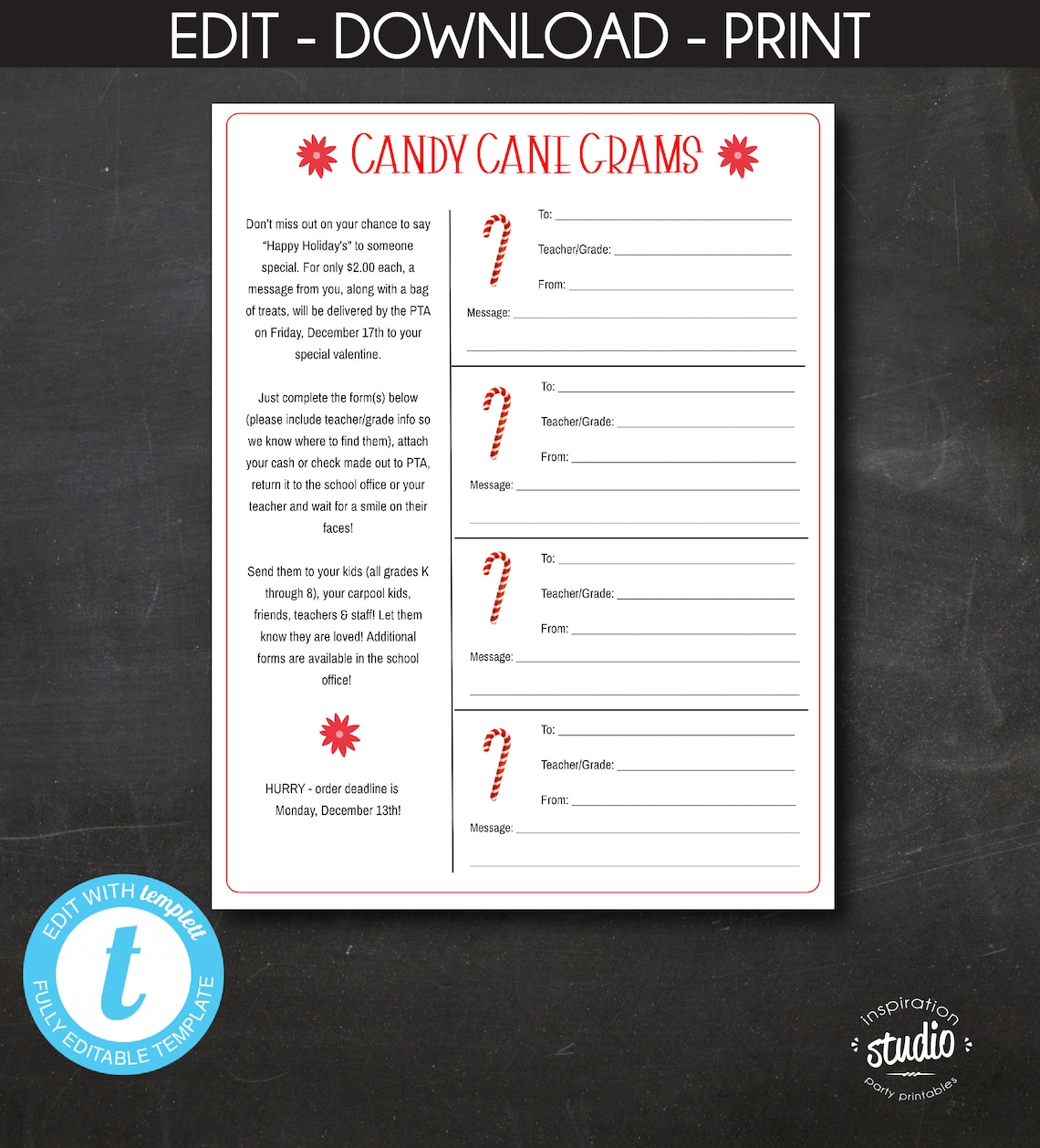 Candy Cane Gram Flyer Template Christmas Candy Grams | Etsy