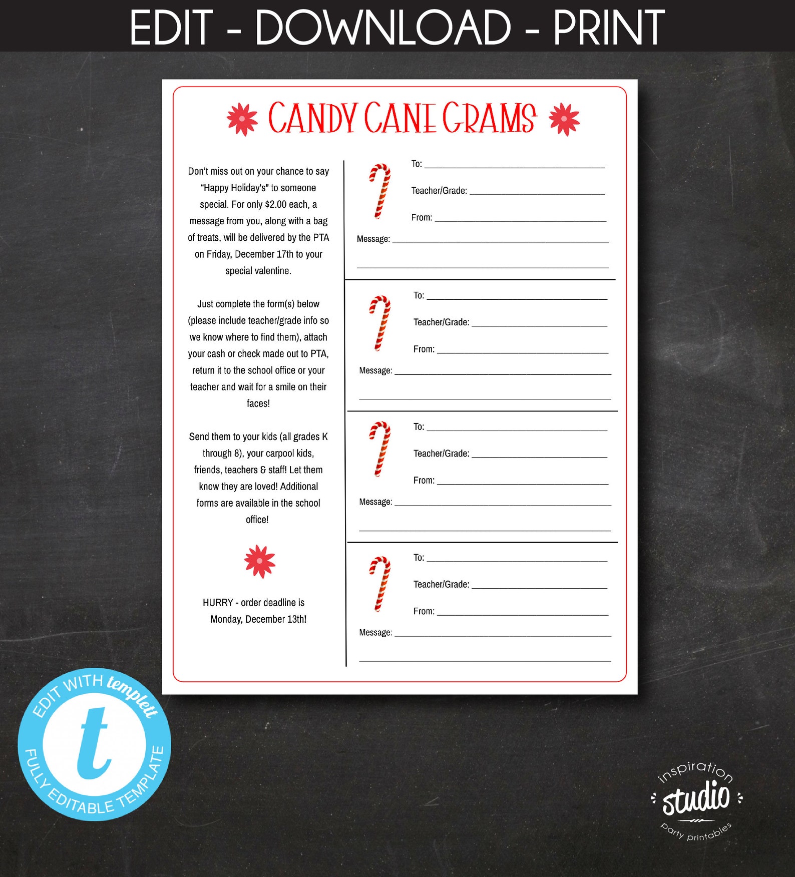 Candy Cane Gram Flyer Template Christmas Candy Grams | Etsy