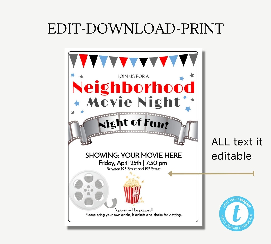 Editable Neighborhood Family Movie Night Flyer Template - Etsy
