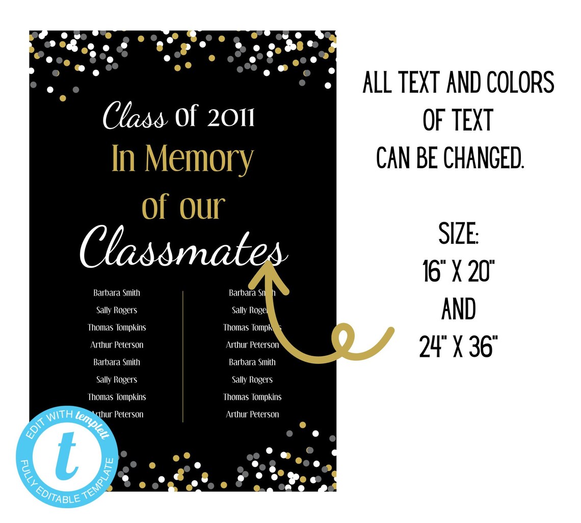 High School Reunion in Memory of Classmates Poster Template, College ...