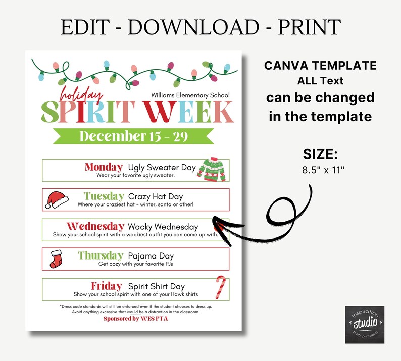 Christmas Spirit Week Flyer Template | School Holiday Theme Week ...