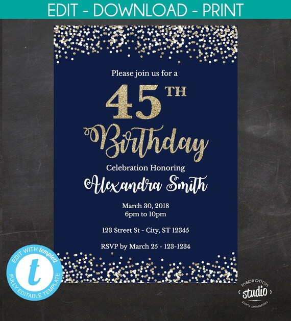 45th Birthday Invitation 45th Birthday Invite Blue And Gold Glitter 