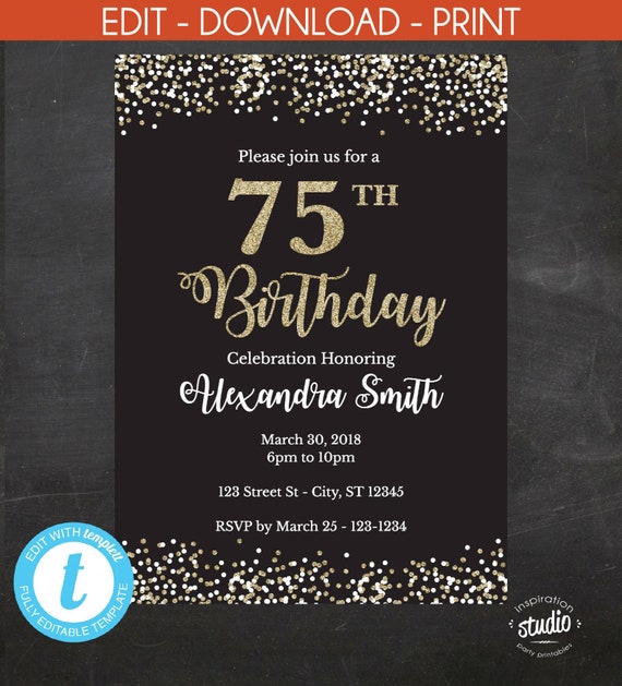 75th Birthday Invitation 75th Birthday Invite Black And Gold Glitter 