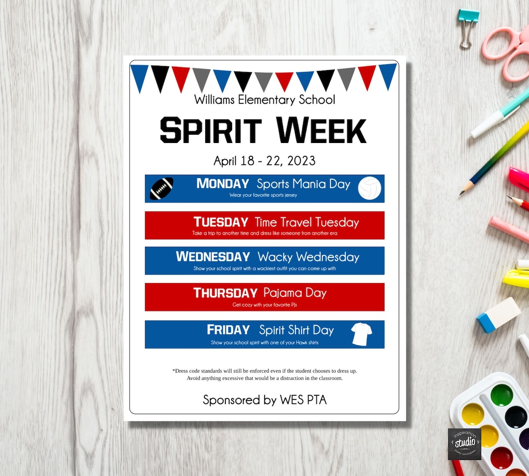 School Spirit Week Flyer Template | School Spirit Week Schedule | PTA ...
