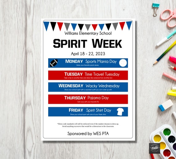 School Spirit Week Flyer Template, School Spirit Week Schedule, PTA ...