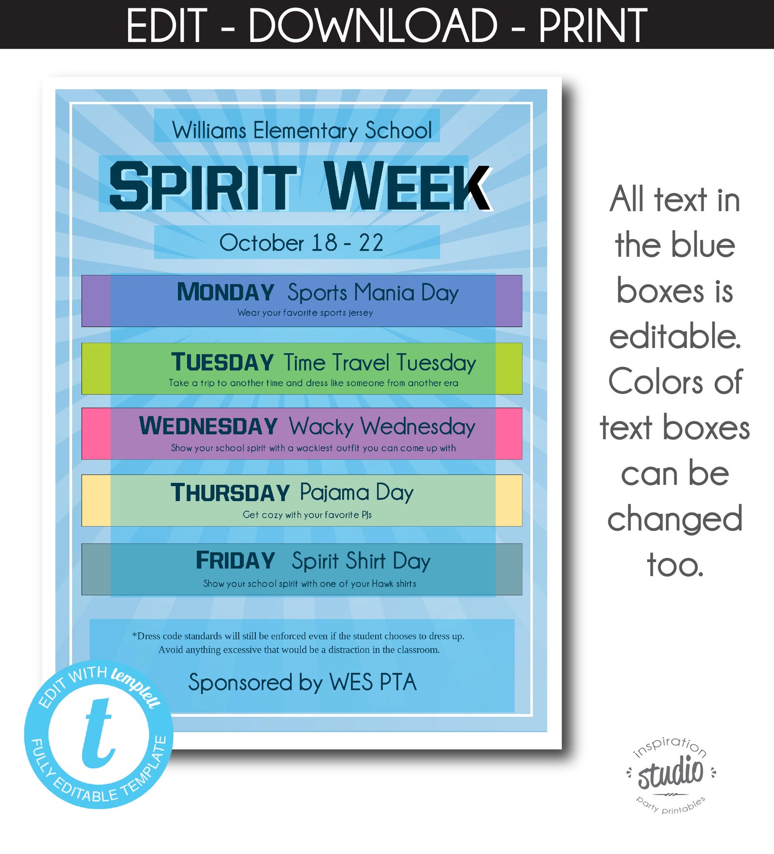 School Spirit Week Flyer Template School Spirit Week - Etsy