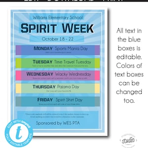 School Spirit Week Flyer Template, School Spirit Week Schedule, PTA ...