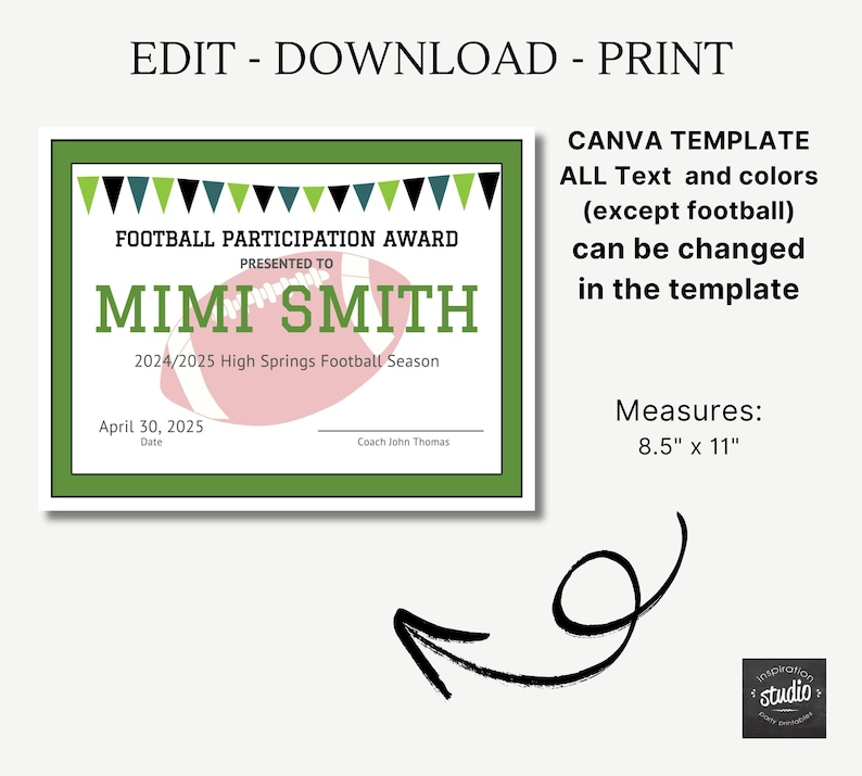 Editable End of Season Football Award Certificates, Custom Printable ...