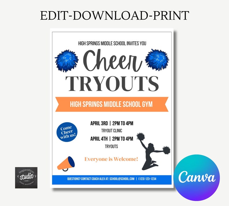Customizable Cheerleading Tryout Flyer Template | Easy Edit on Canva ...