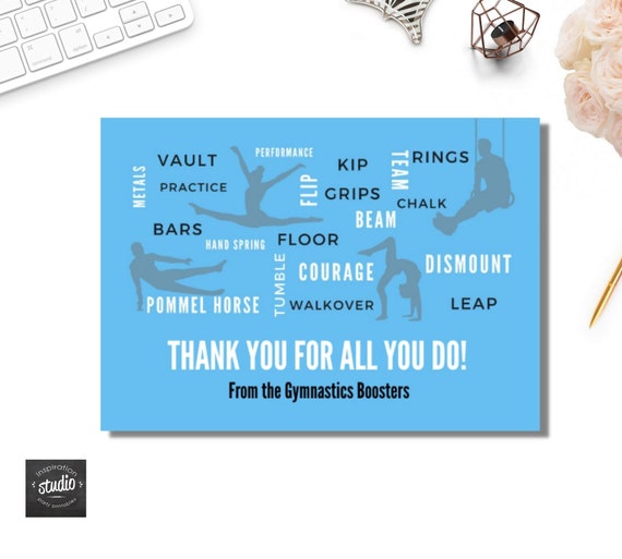 Gymnastics Thank You Card Template, Flat or Folded Note Card, Coaches ...