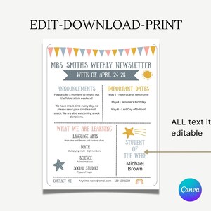 Editable Weekly Teacher Newsletter Template, Notes to Parents Template ...