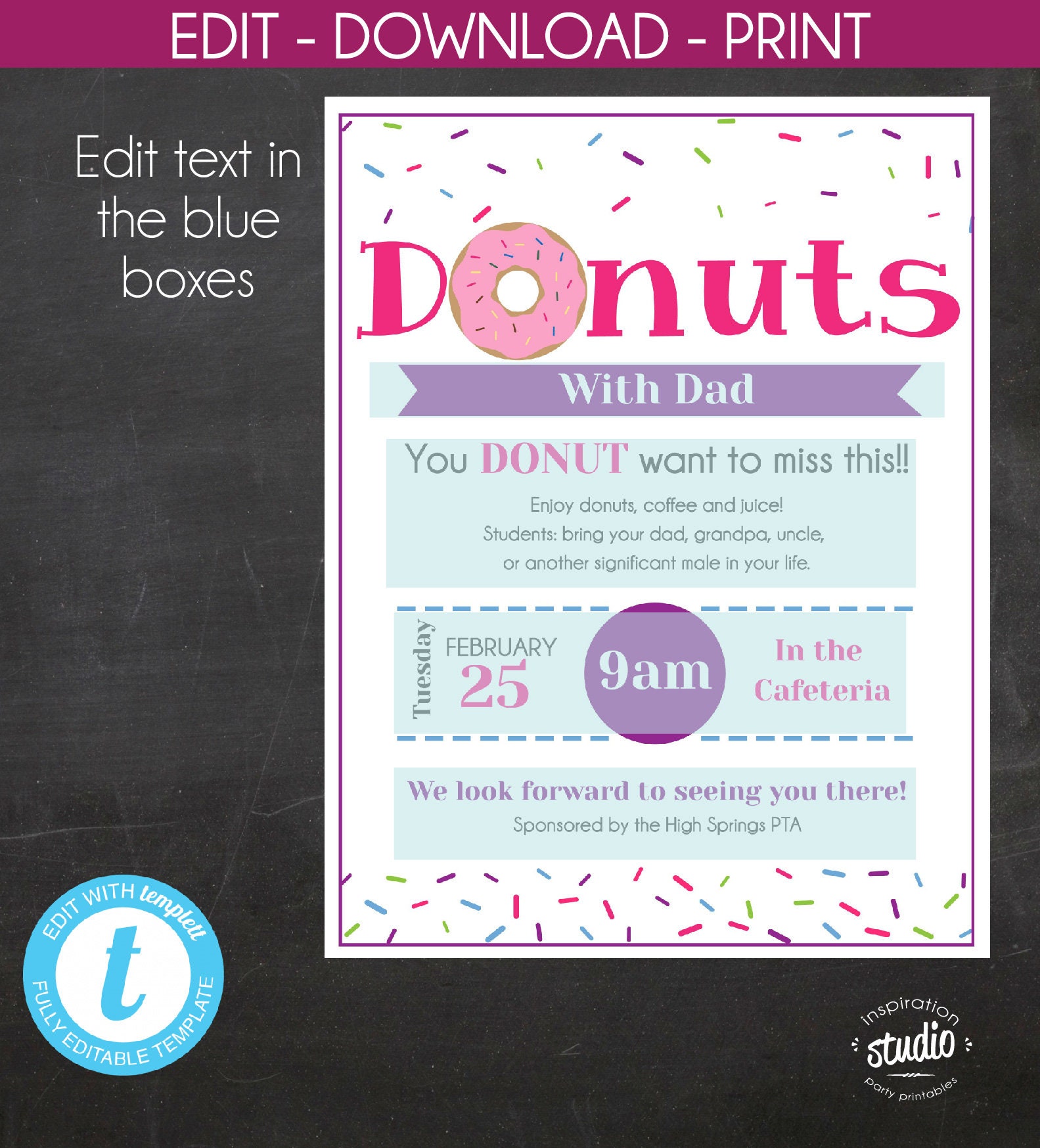 Donuts With Dad Flyer Template | Donuts With Mom Flyer | PTA, PTO ...