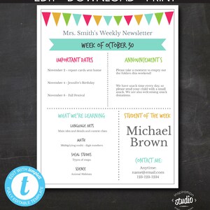 Editable Weekly Teacher Newsletter Template Teacher Resources Classroom ...