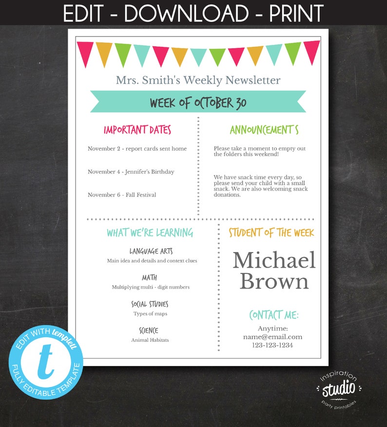 Editable Weekly Teacher Newsletter Template Pick Any Colors - Etsy