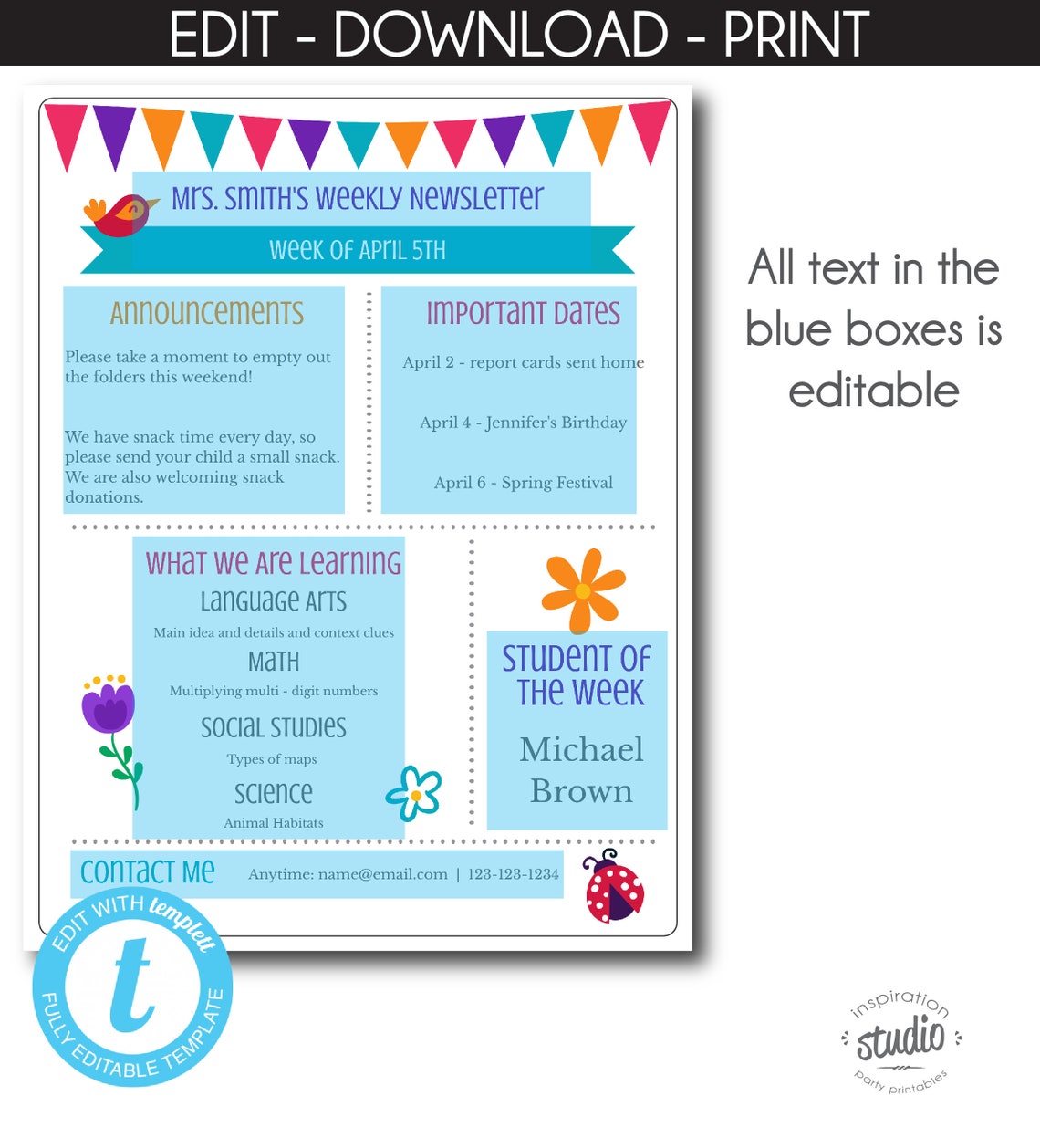 Editable Weekly Teacher Newsletter Template Spring Theme - Etsy