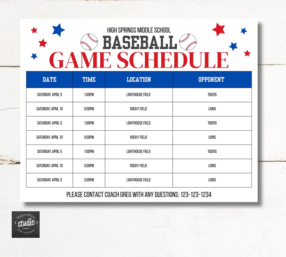 Baseball Schedule Template for Teams | Game Schedule | Editable ...
