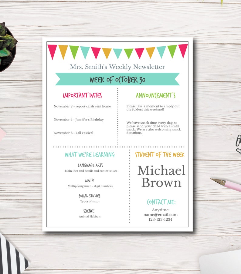 Editable Weekly Teacher Newsletter Template Pick Any Colors - Etsy