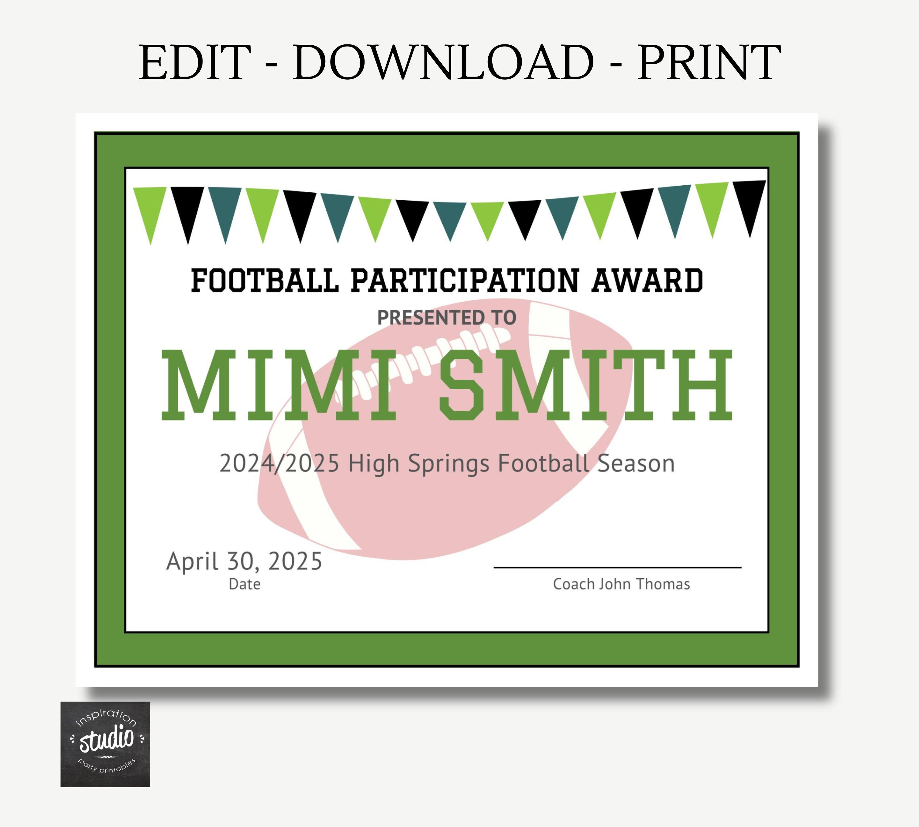 Editable End of Season Football Award Certificates, Custom Printable ...