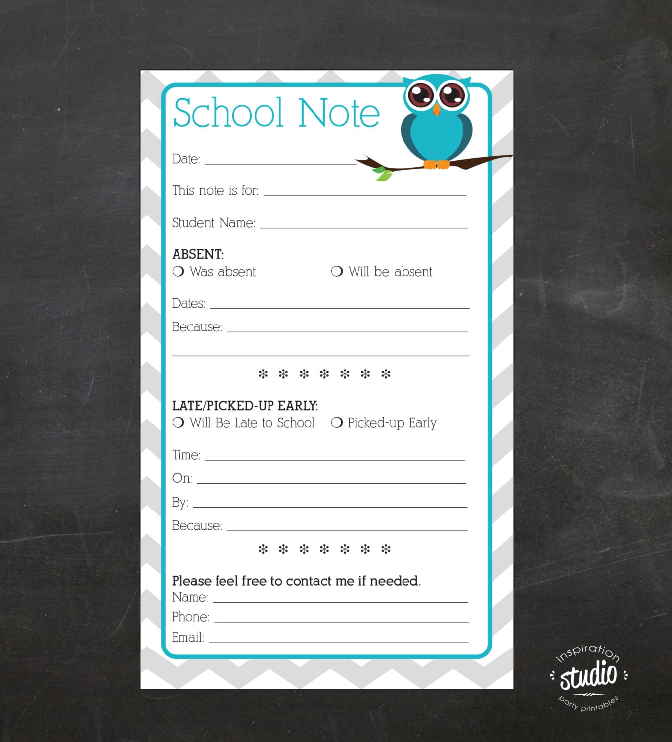 School Note Printable Absent Note Late Drop off and Early Pick Up Owl ...