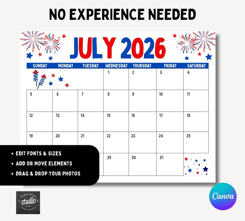 July 2026 Calendar | Editable Canva Template 4th of July Patriotic ...