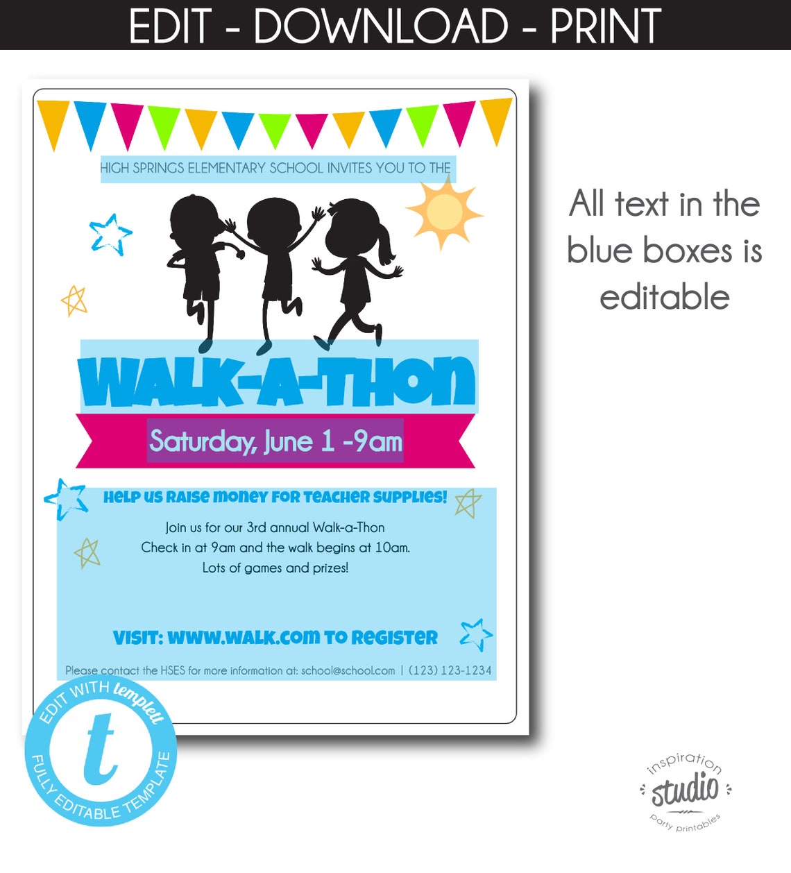 Walk-a-thon Fundraiser Flyer, Fun Walk, 2k Walk, Jog a Thon, PTA, PTO ...